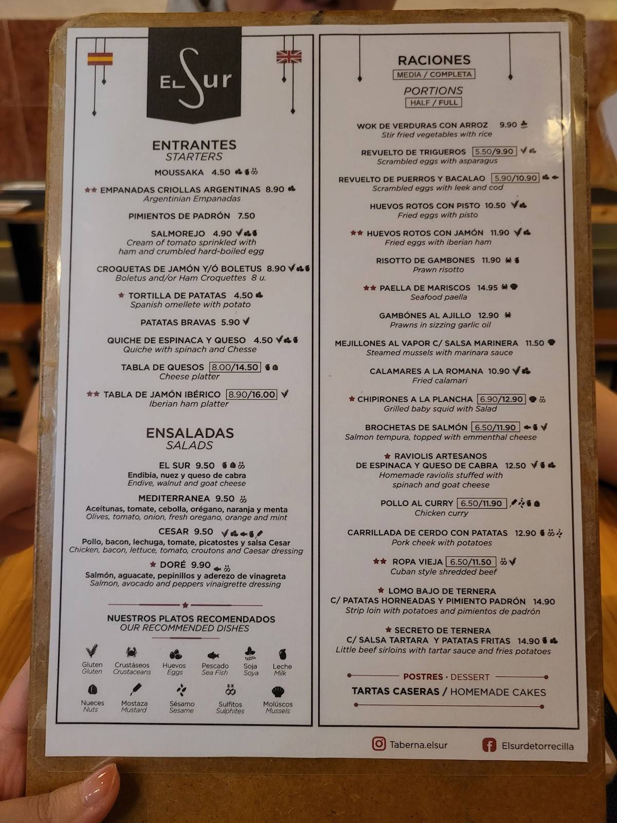 Menu at Taberna El Sur pub & bar, Madrid