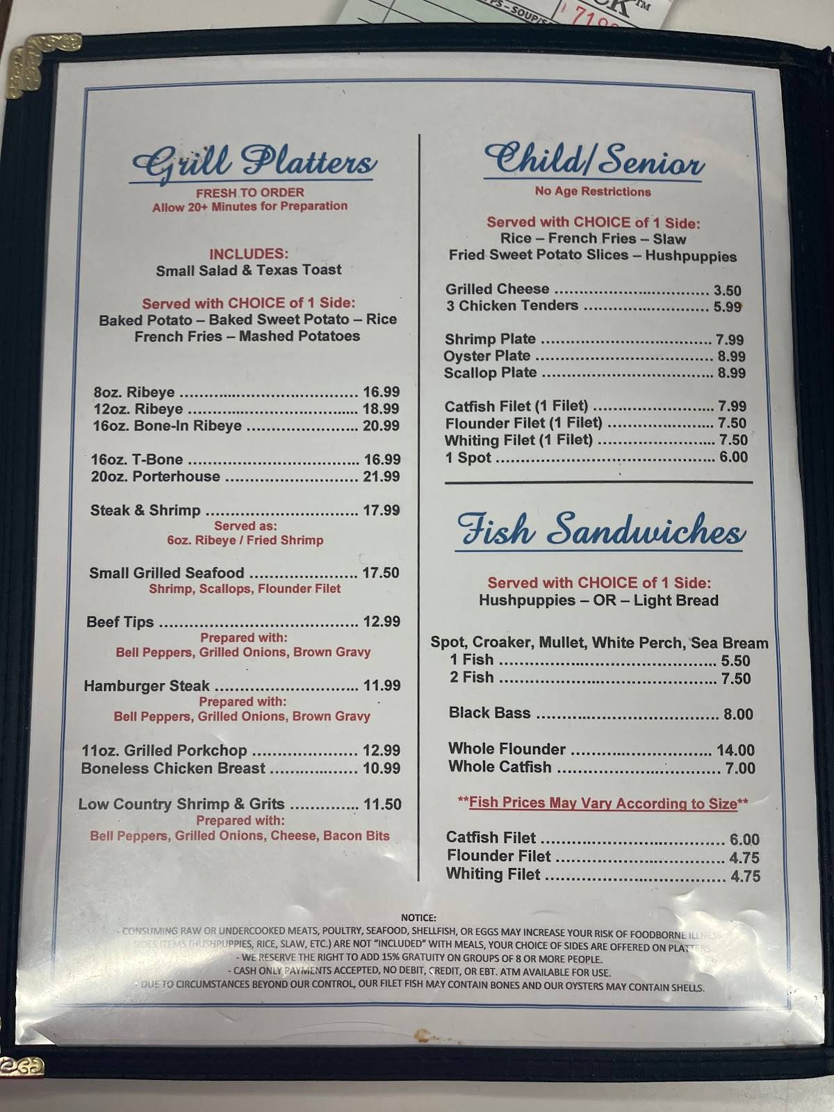Menu at Friendly Seafood restaurant, Tabor City