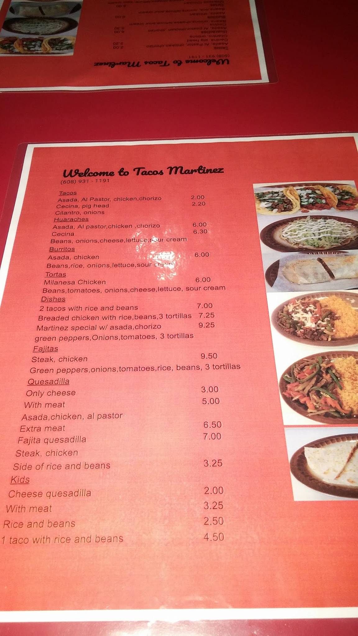 Menu at Tacos Martinez restaurant, Monroe