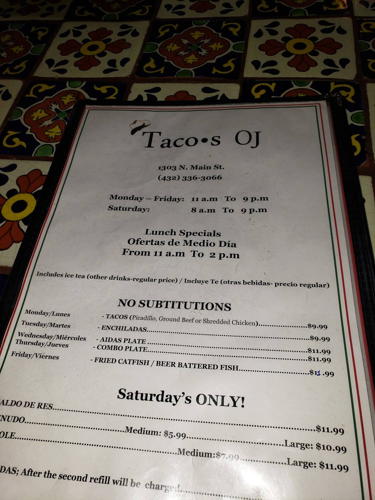 Menu at Tacos OJ restaurant, Fort Stockton