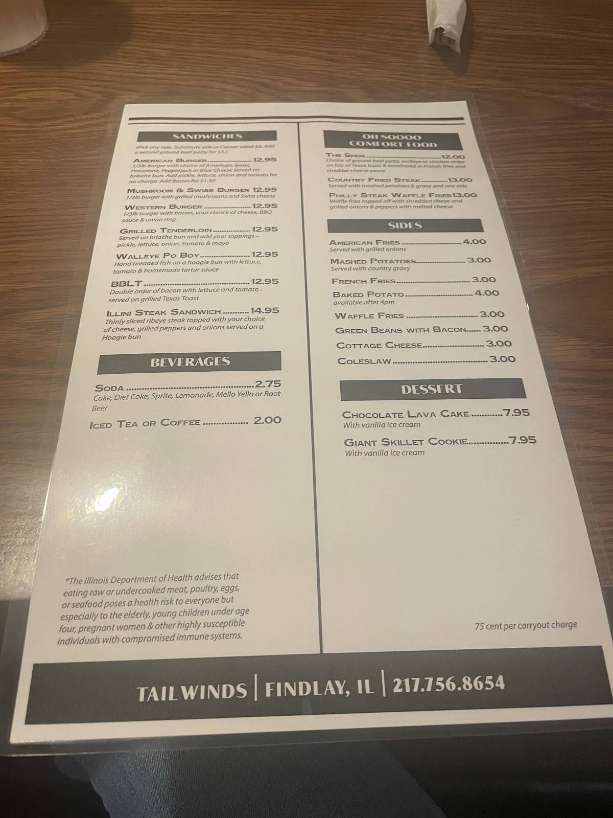 Menu at Tailwinds Steakhouse, Findlay, 200 E South 2nd St