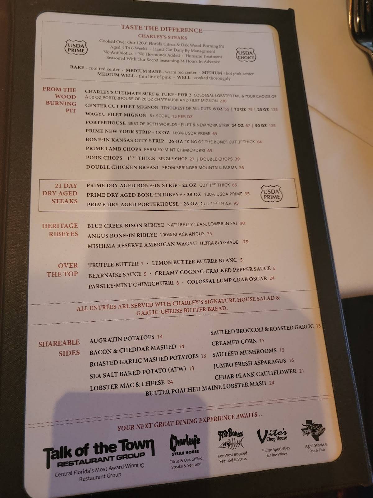 Menu at Charley's Steak House steakhouse, Tampa