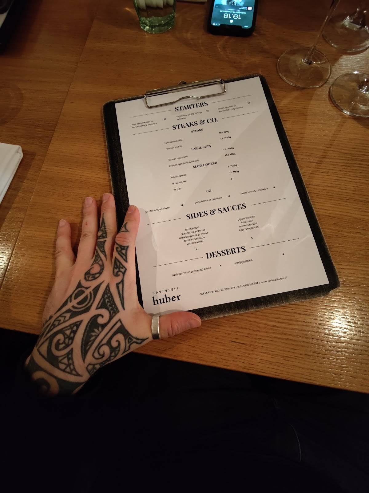 Menu at Ravinteli Huber steakhouse, Tampere