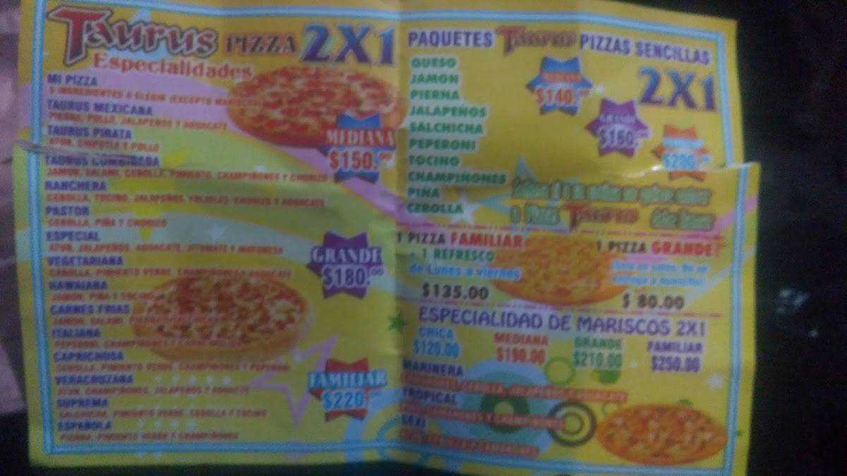 Menu at Taurus Pizza restaurant, Tequisistlán