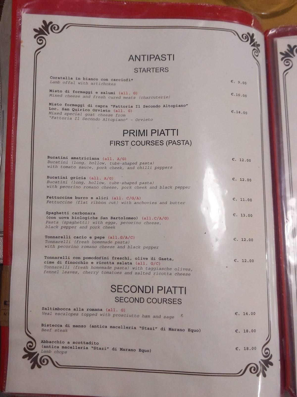Menu at Taverna Romana restaurant, Rome, Via della Madonna dei Monti