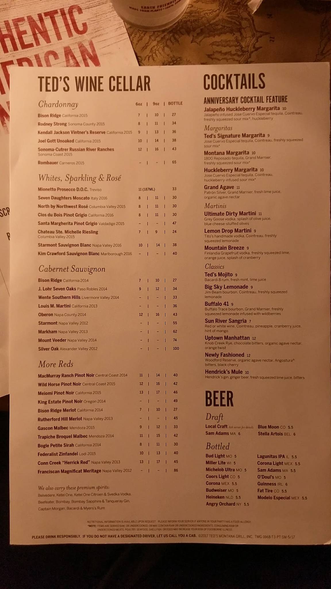 Menu at Ted's Montana Grill steakhouse, Tallahassee