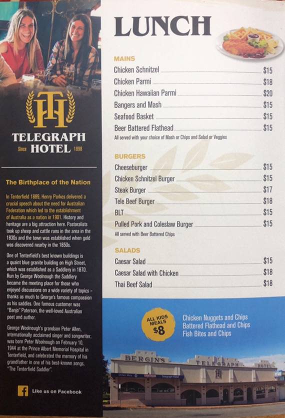 Menu at Telegraph Hotel, Tenterfield pub & bar, Tenterfield