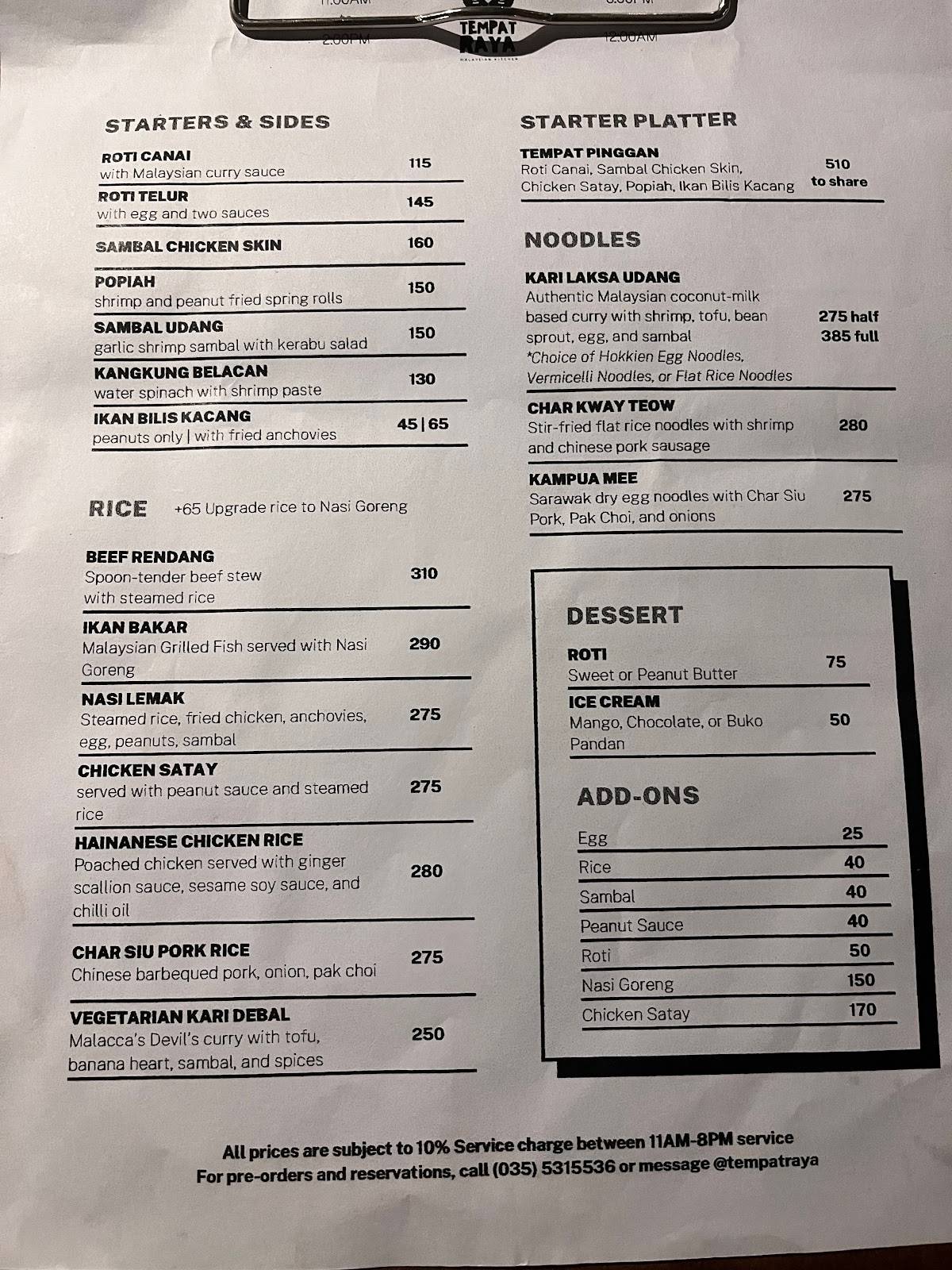 Menu at Tempat Raya Malaysian Kitchen pub & bar, Dumaguete