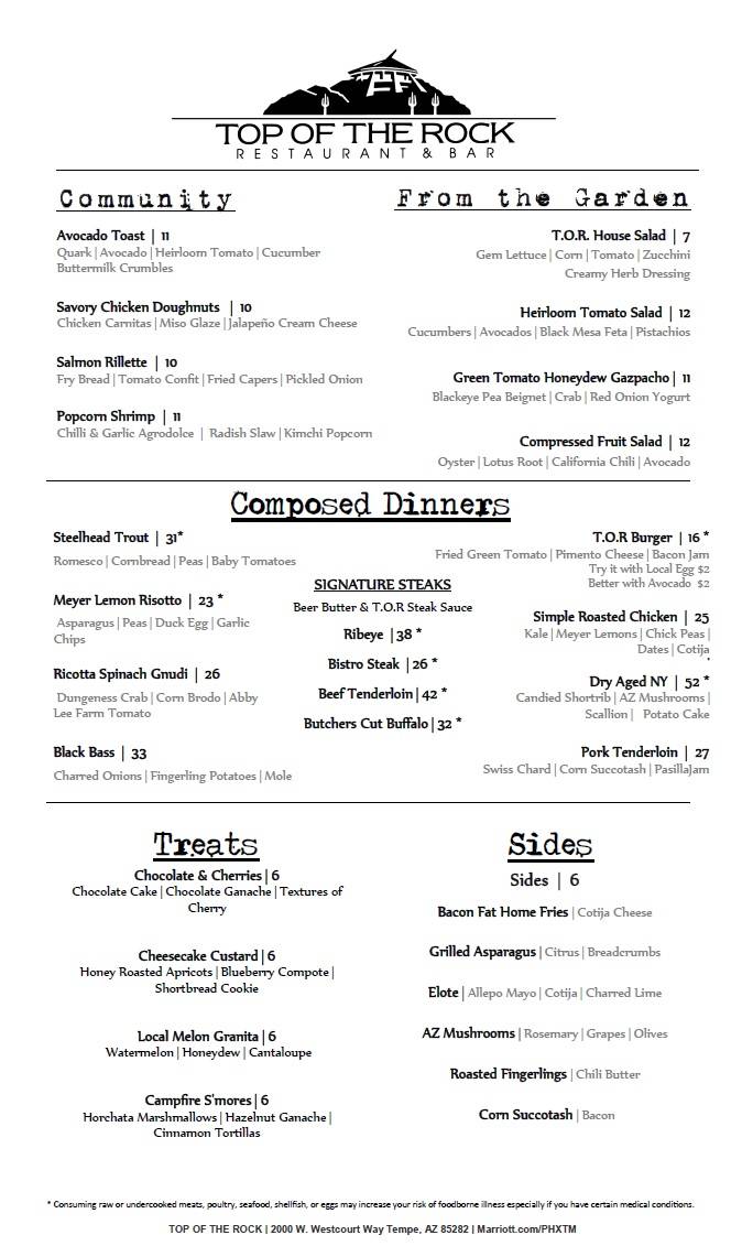 Menu at Top of the Rock Restaurant, Tempe