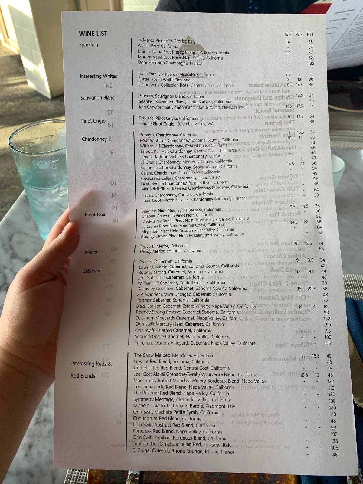 Menu at Top of the Rock Restaurant, Tempe