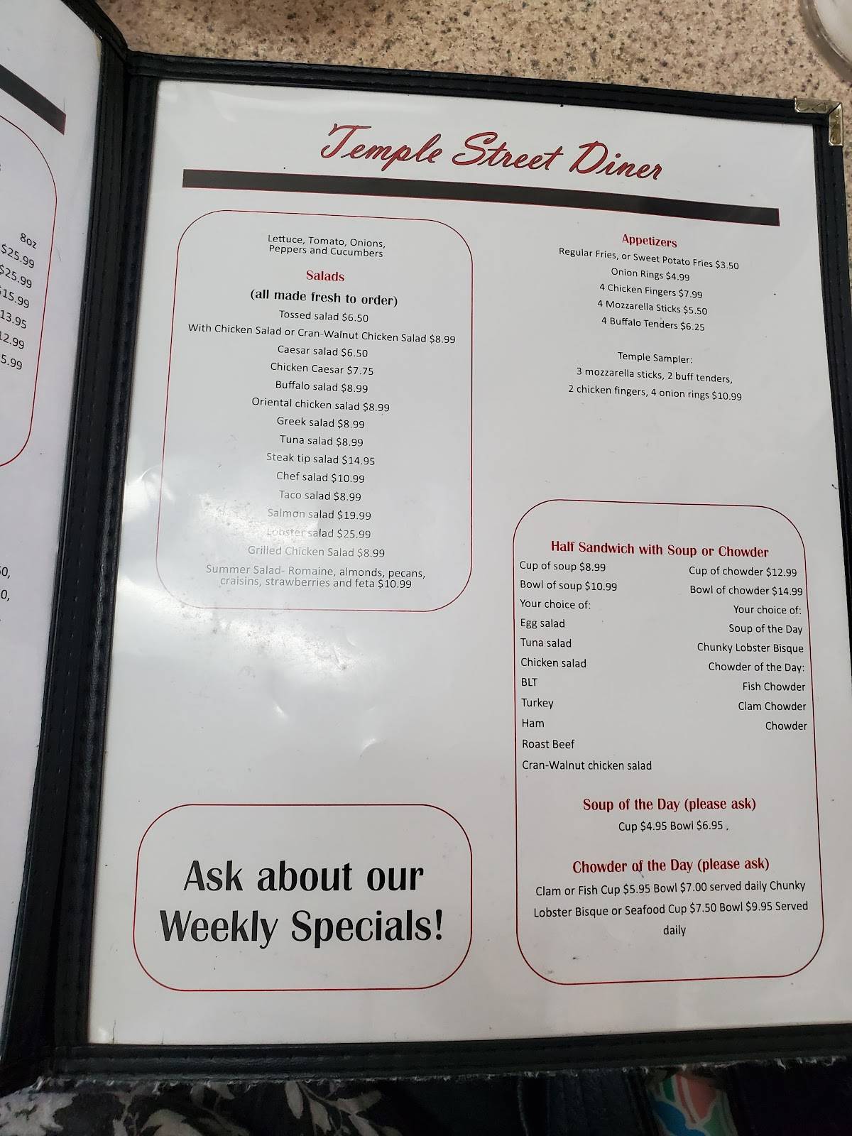 Menu at Temple Street Diner restaurant, Nashua