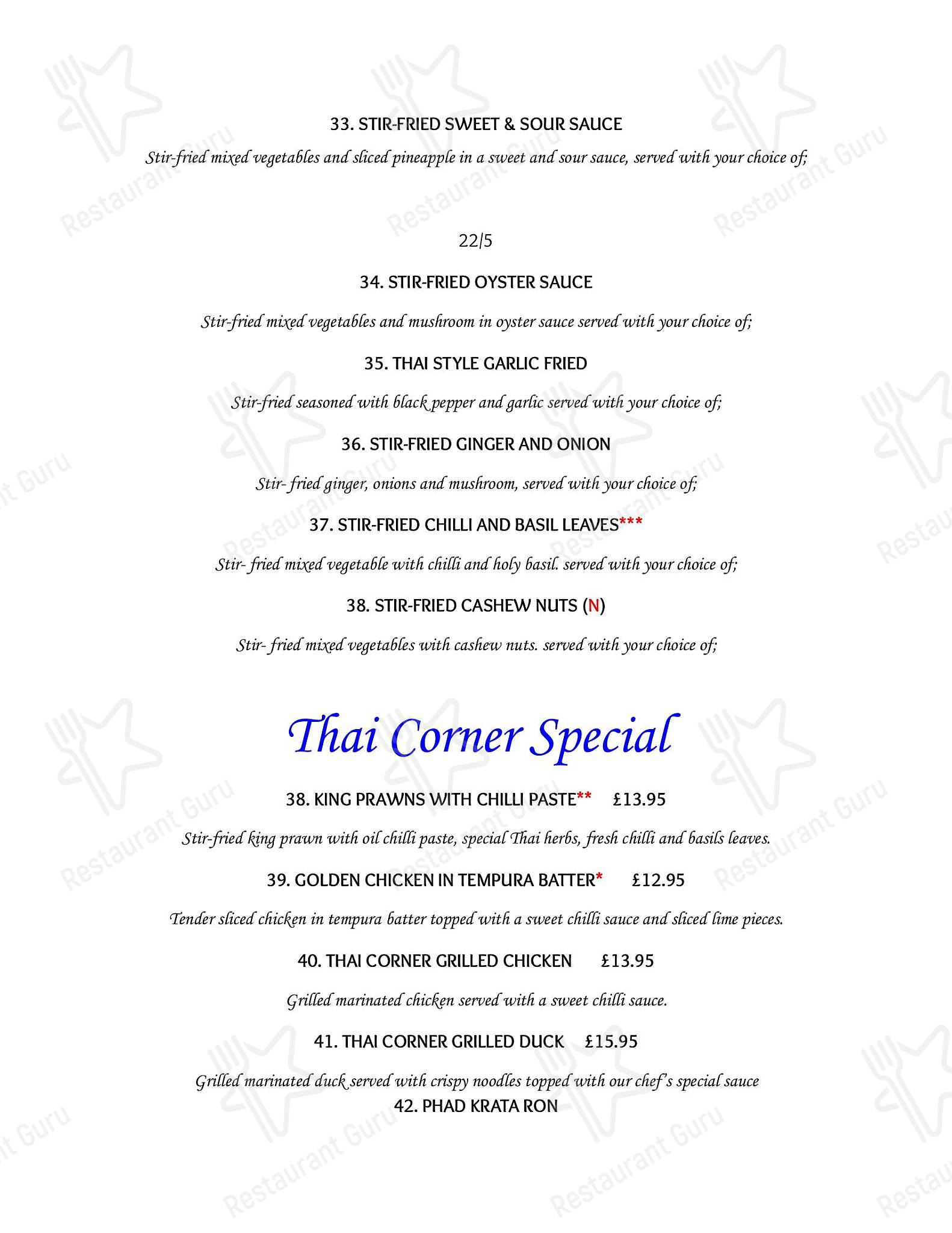 Menu at Thai Corner restaurant, Crewe