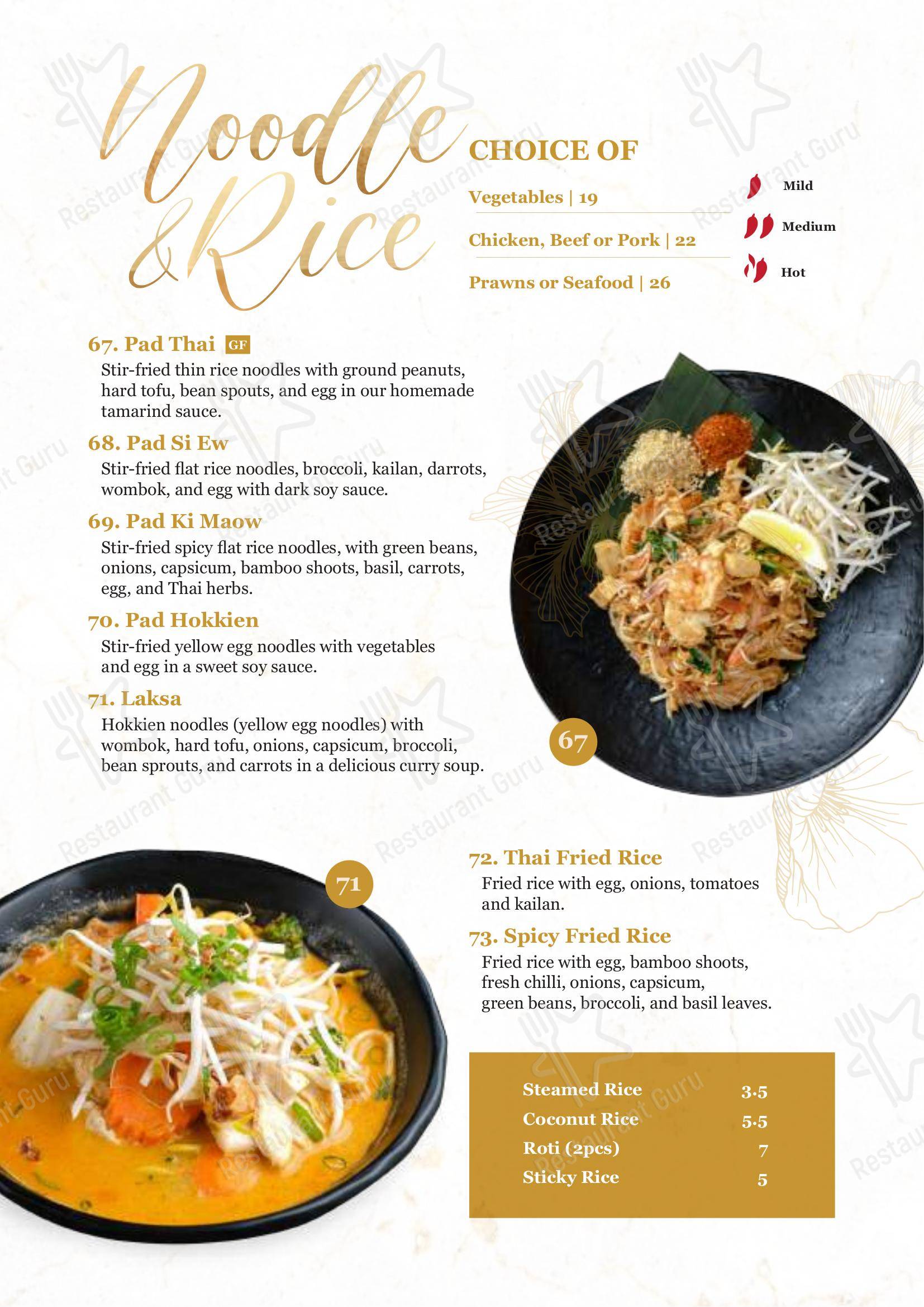 Menu at Thai Naramit restaurant, Hendra