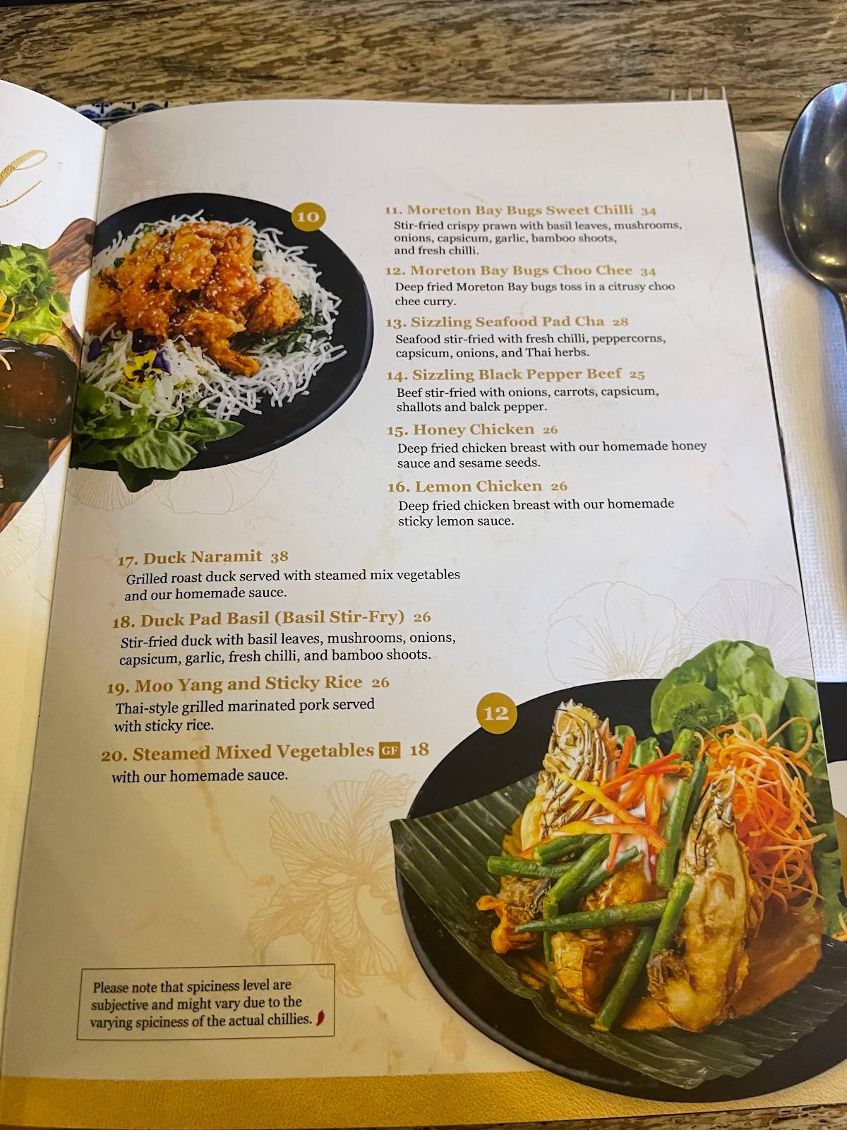 Menu at Thai Naramit restaurant, Hendra