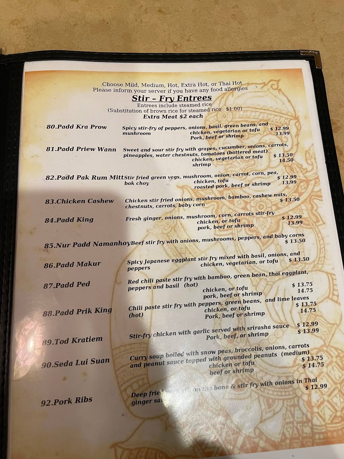 Menu at Thai Spice restaurant, Indianapolis
