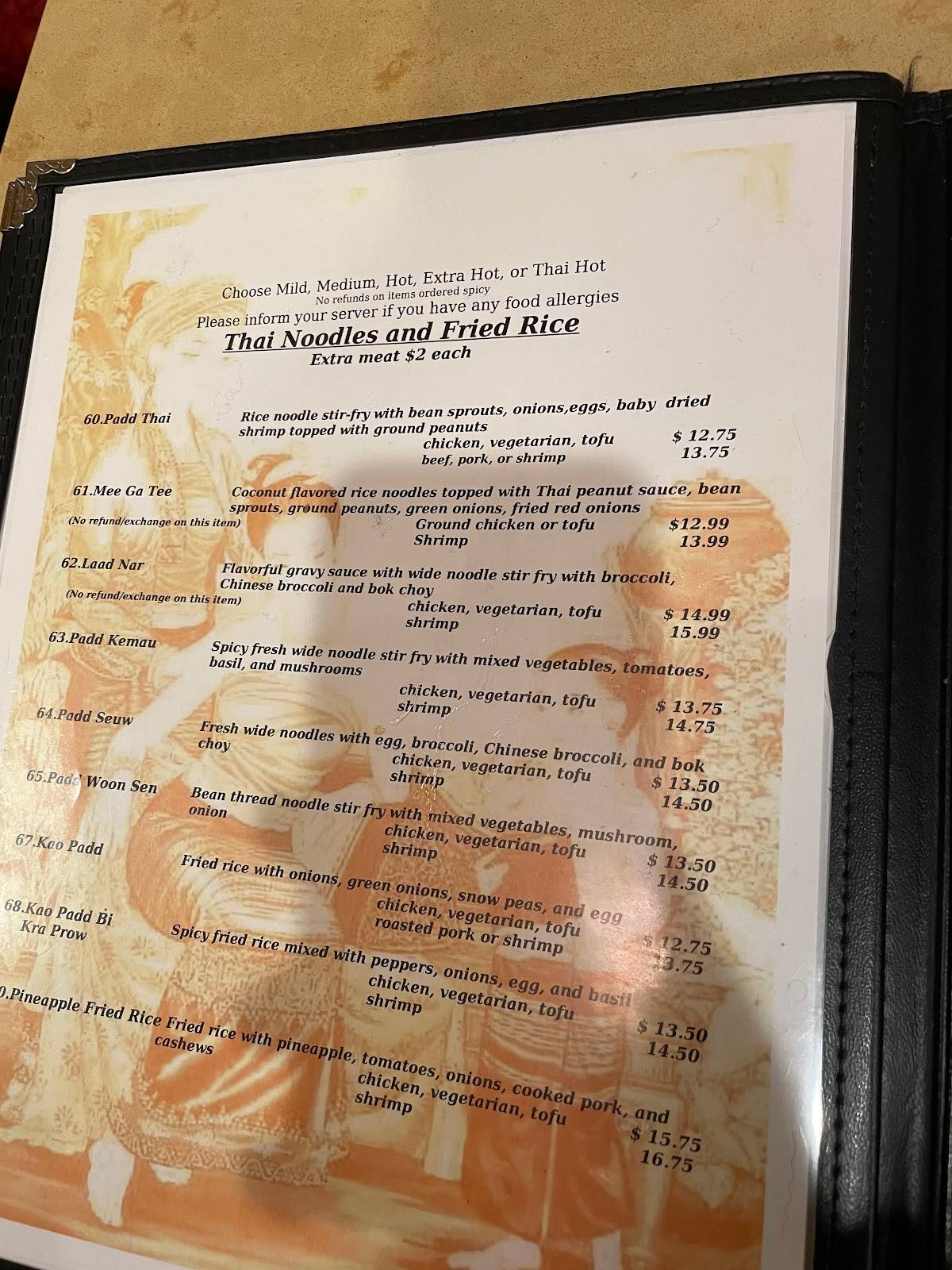 Menu at Thai Spice restaurant, Indianapolis