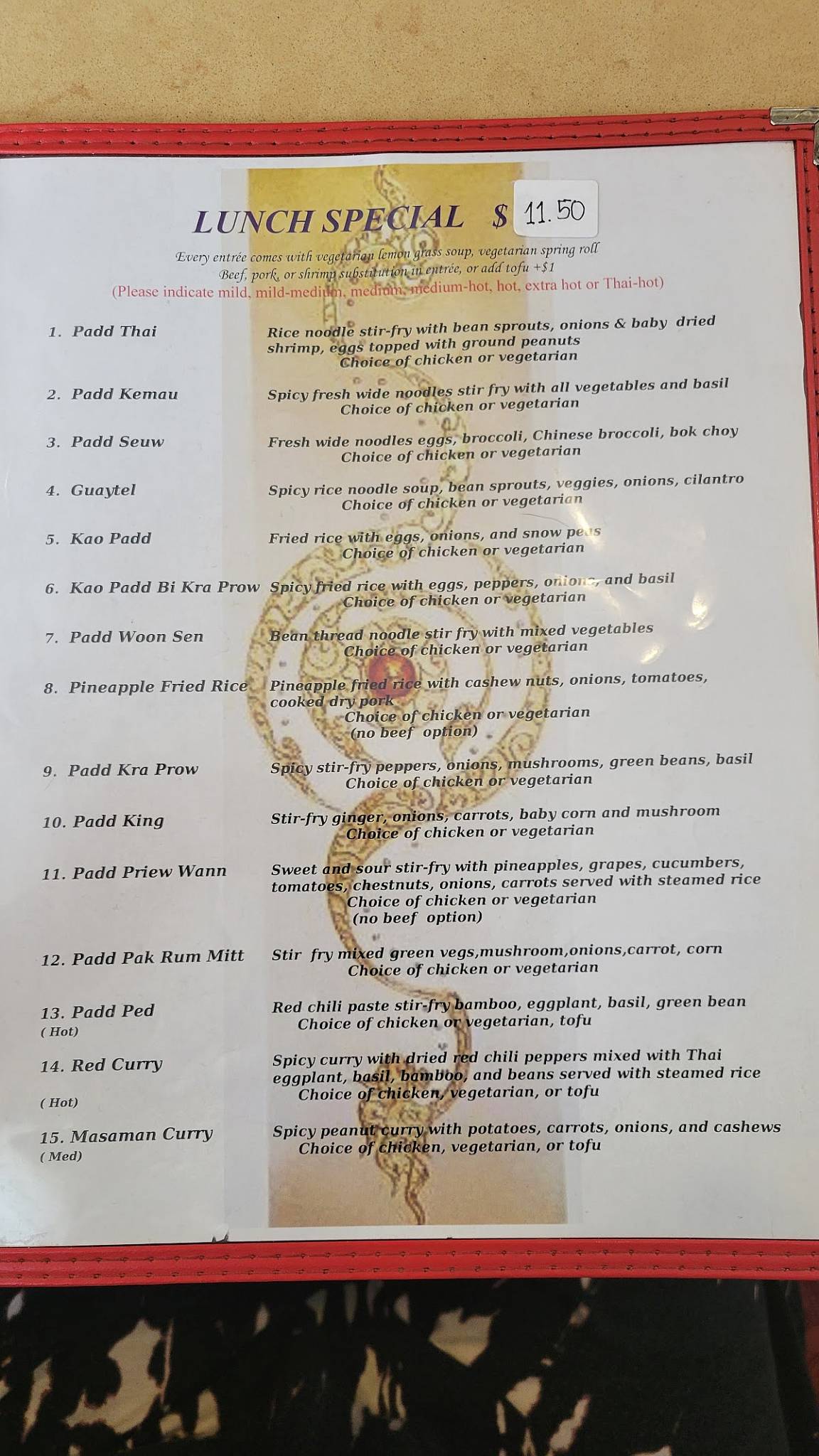 Menu at Thai Spice restaurant, Indianapolis