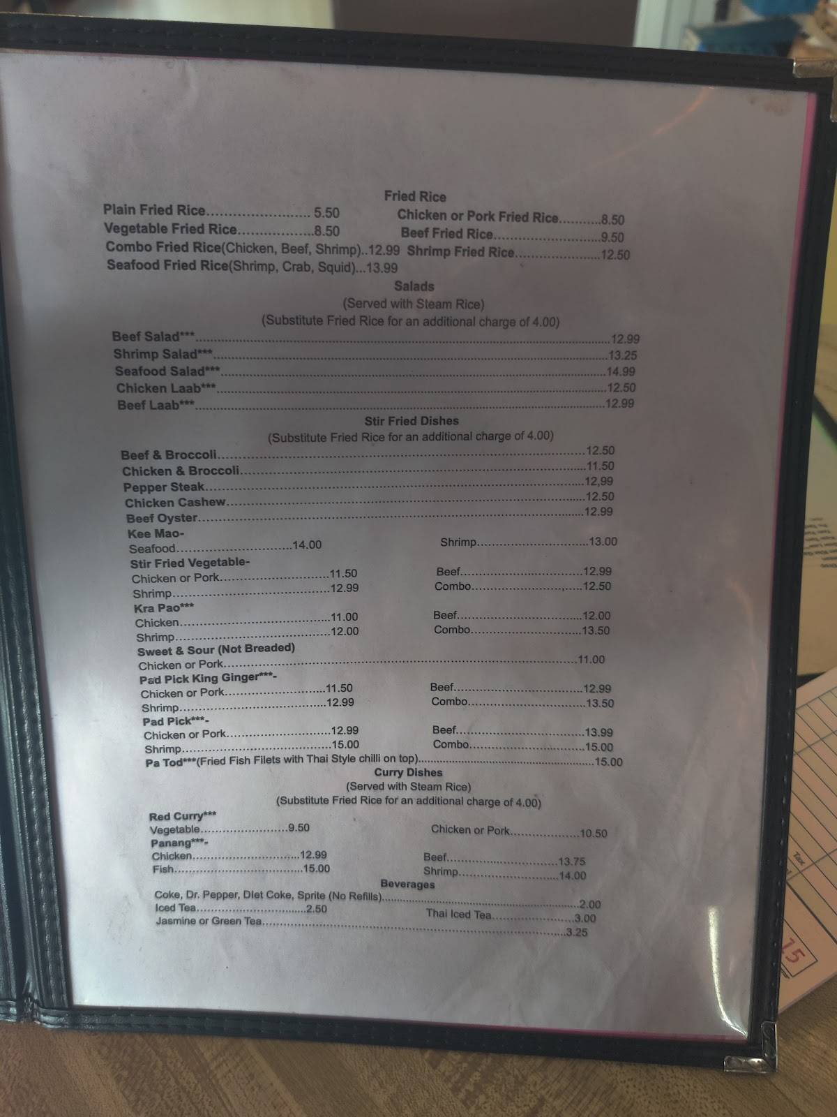 Menu at Thai Star restaurant, Amarillo
