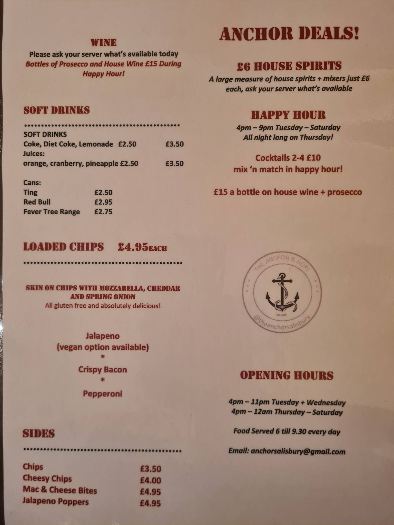 Menu at The Anchor & Hope pub & bar, Salisbury