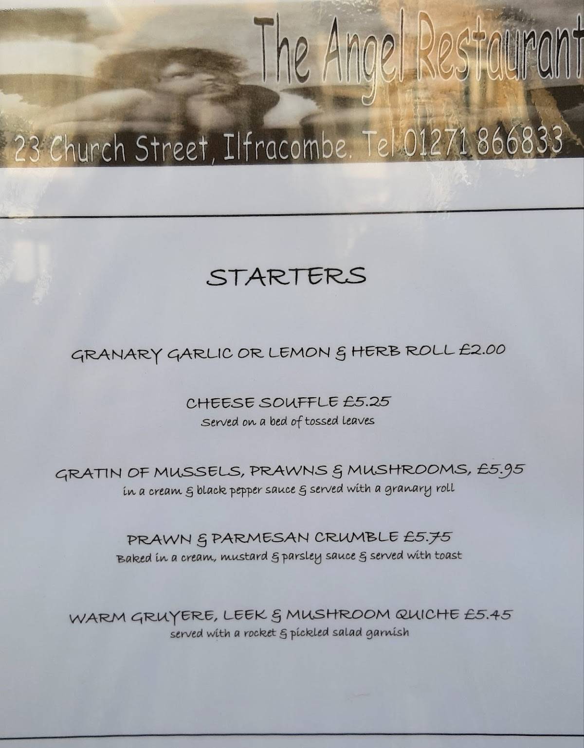 Menu at The Angel restaurant, Ilfracombe