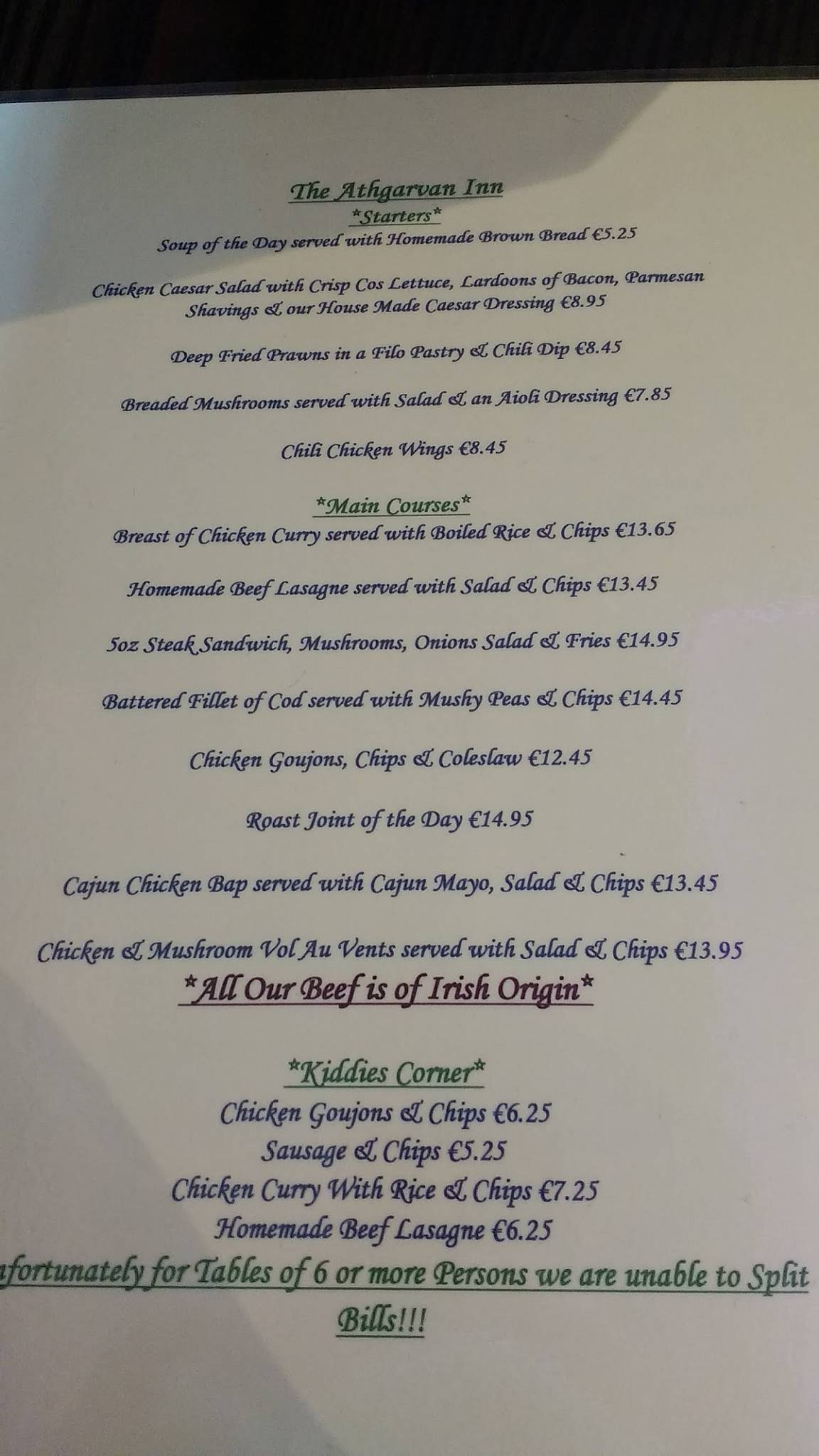 Menu at The Athgarvan Inn pub & bar, Newbridge