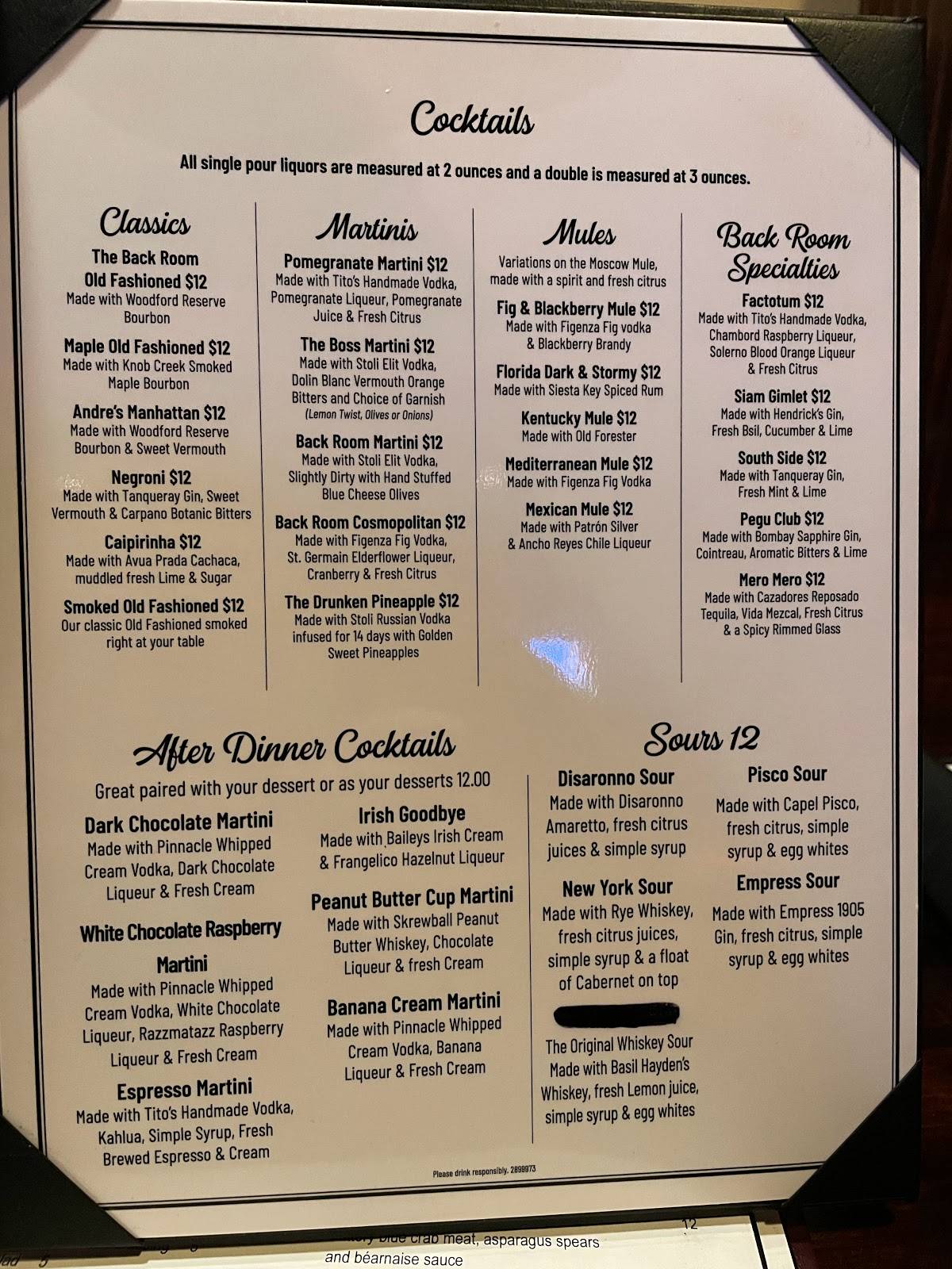 Menu at The Back Room Steakhouse, Apopka