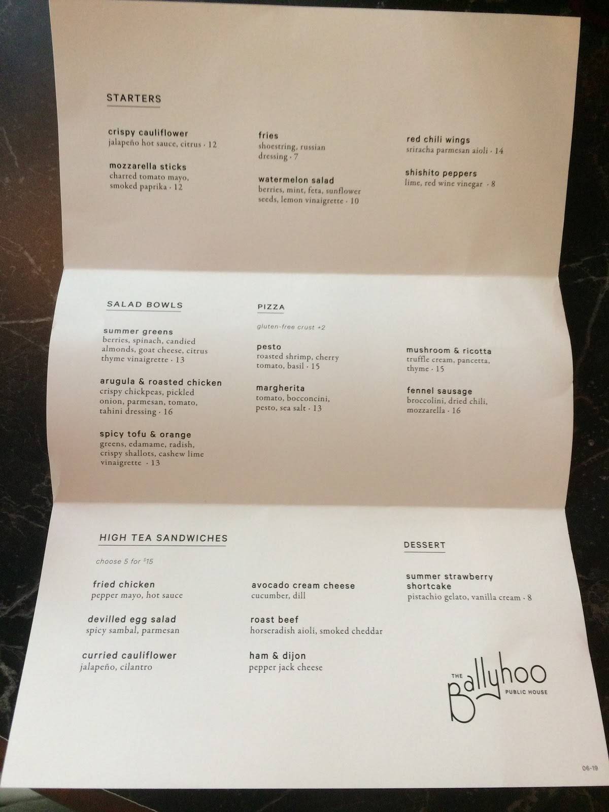 Menu at The Ballyhoo Public House, Vancouver
