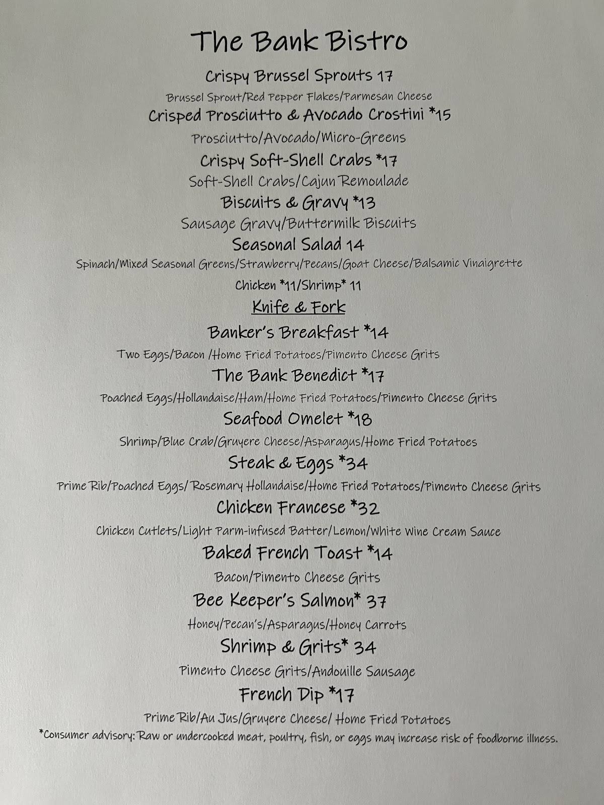 Menu at The Bank Bistro pub & bar, Washington