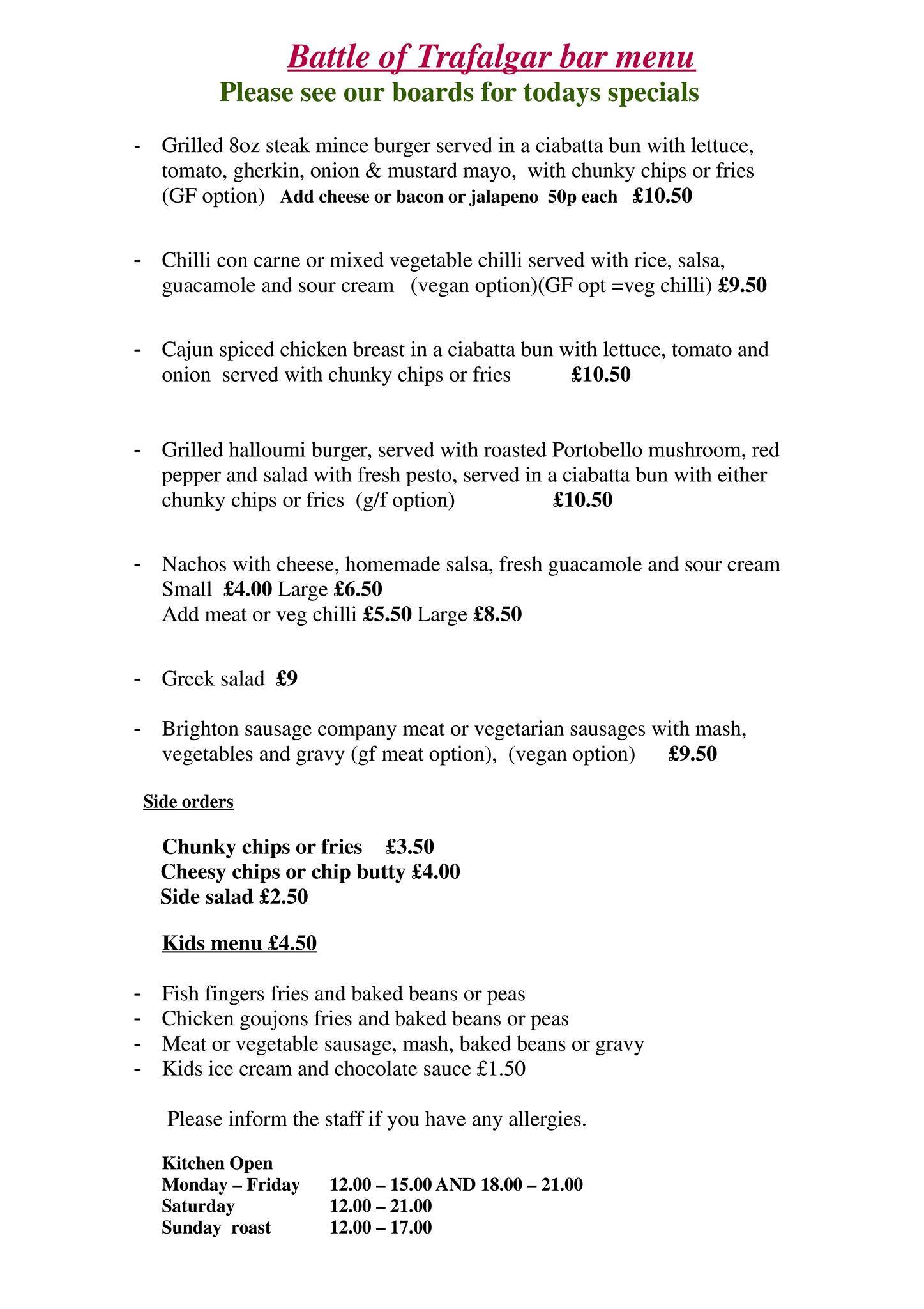Menu at The Battle Of Trafalgar pub & bar, Brighton, 34 Guildford Rd