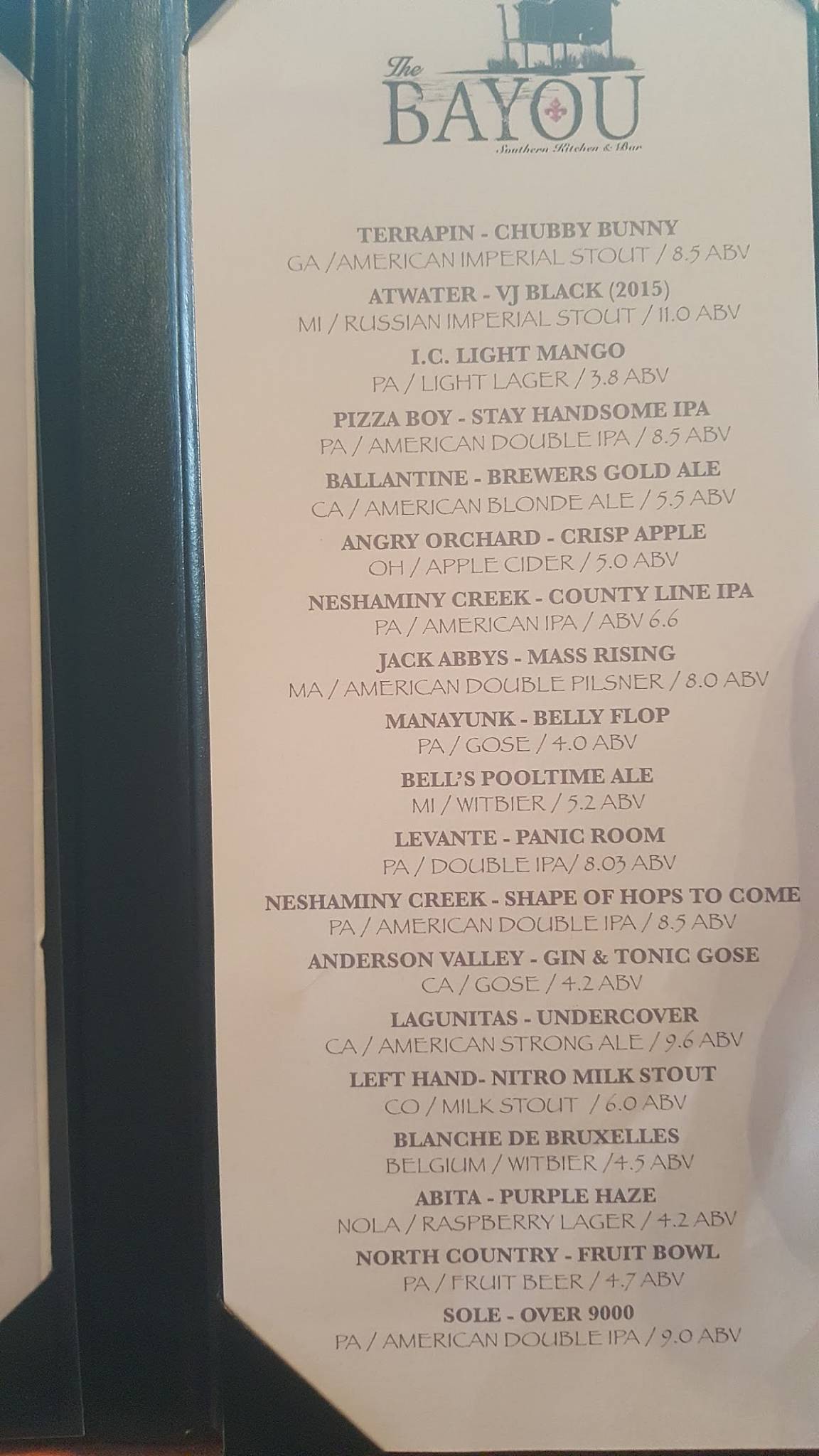 Menu at The Bayou restaurant, Bethlehem