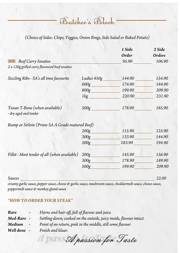 Menu at The Beef 'n Reef restaurant, Bloemfontein, Kenneth Kaunda Rd