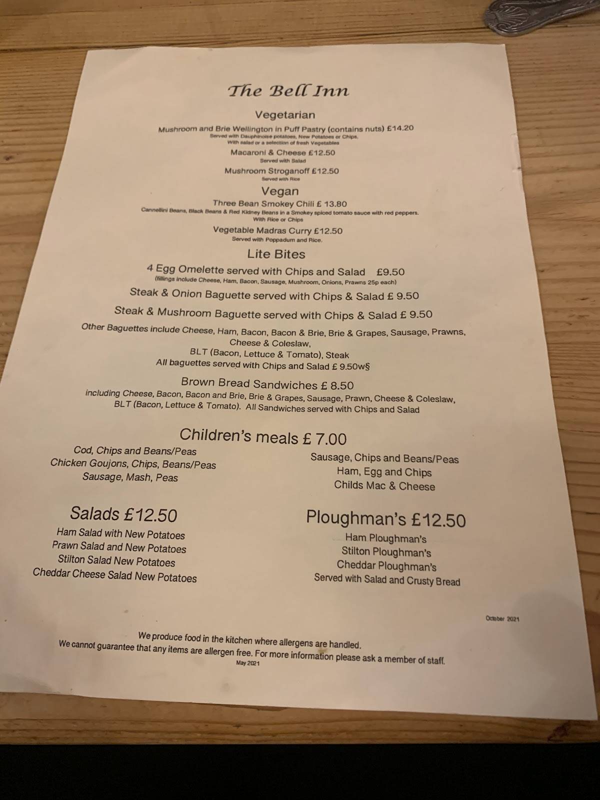 Menu at The Bell Inn pub & bar, Yatton Keynell, High Street