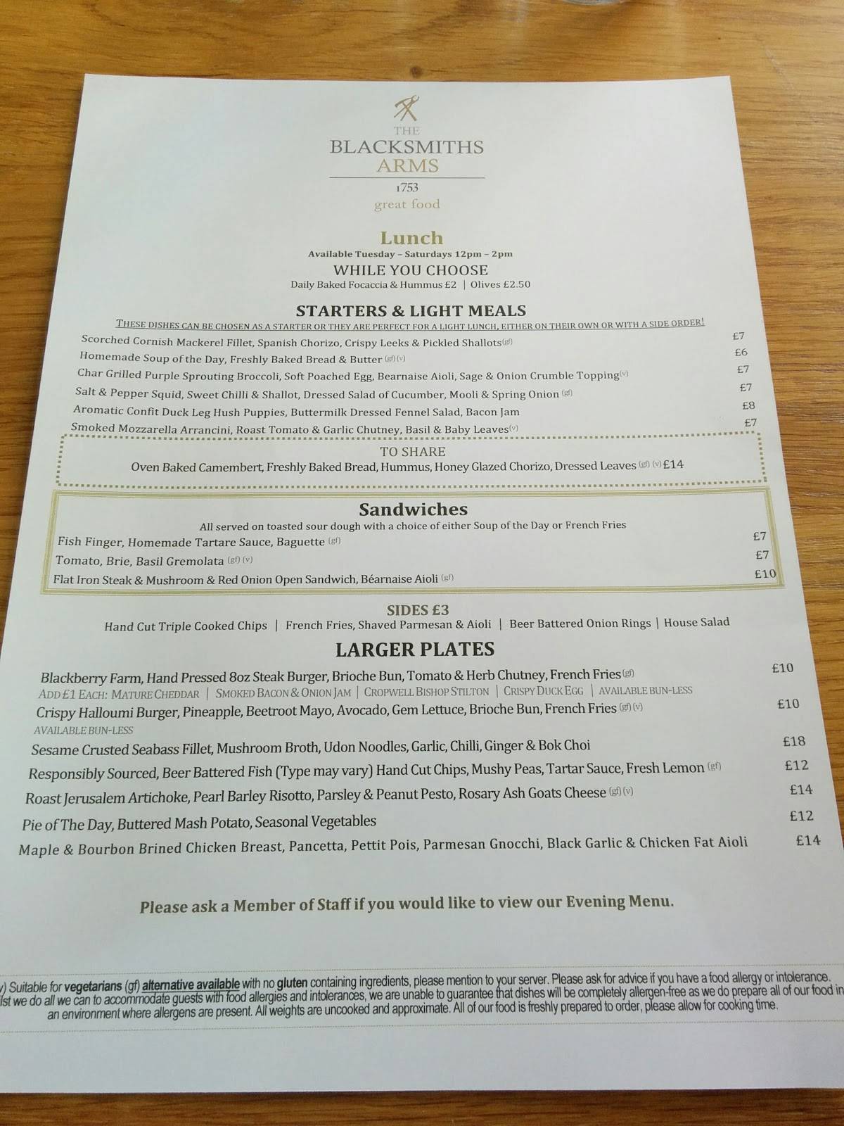 Menu at The Blacksmiths Arms restaurant, Barrow upon Soar, 2-4 Church Lane