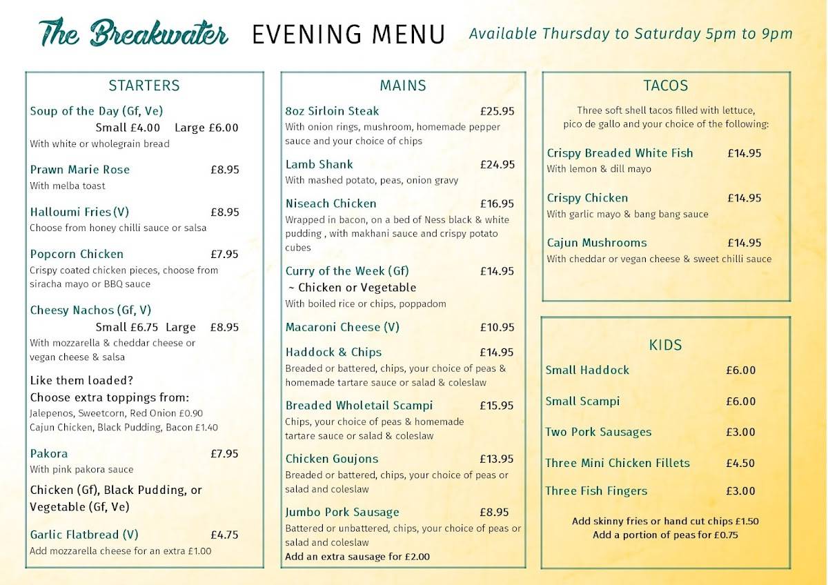 Menu at The Breakwater restaurant, Lionel