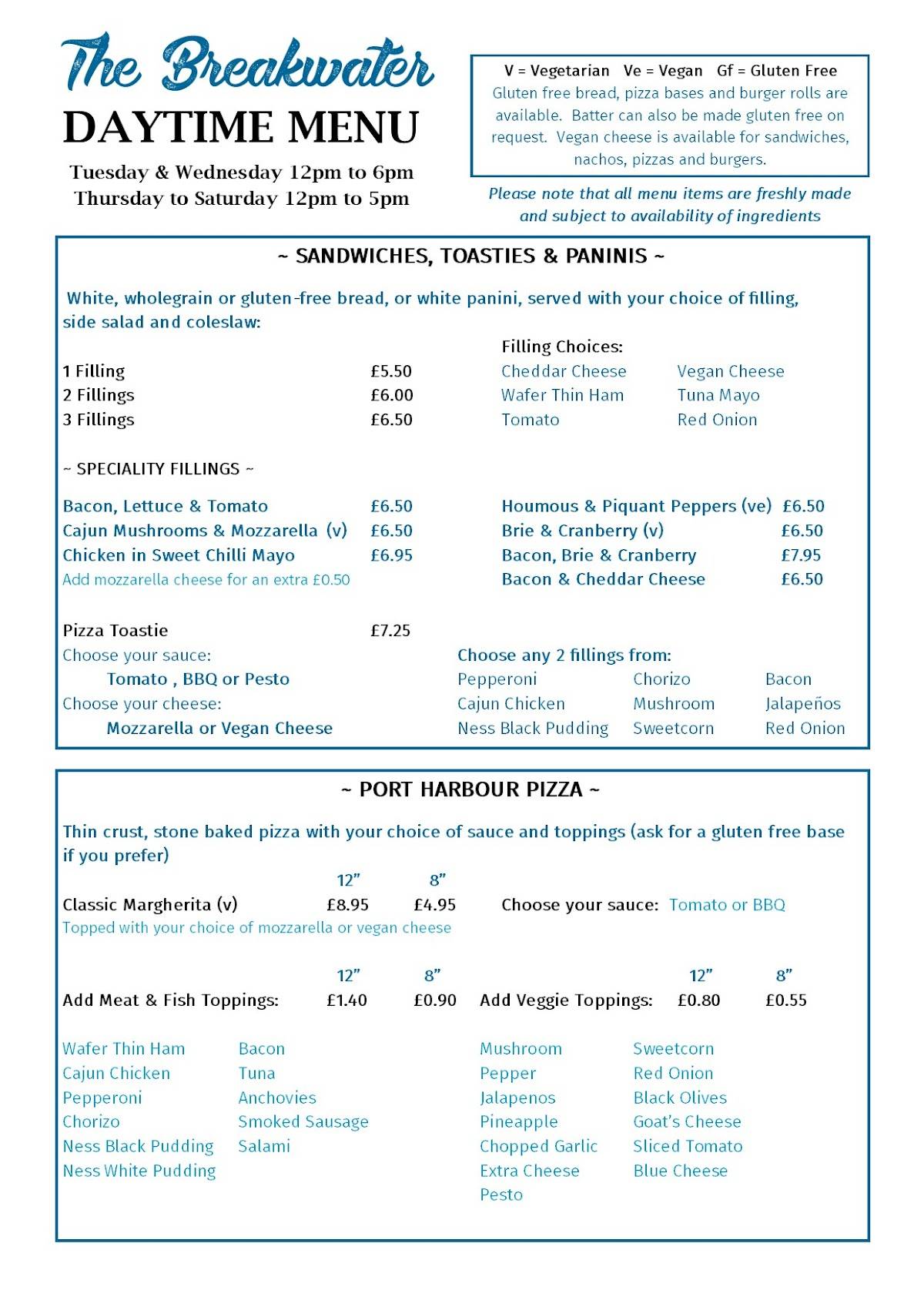 Menu at The Breakwater restaurant, Lionel