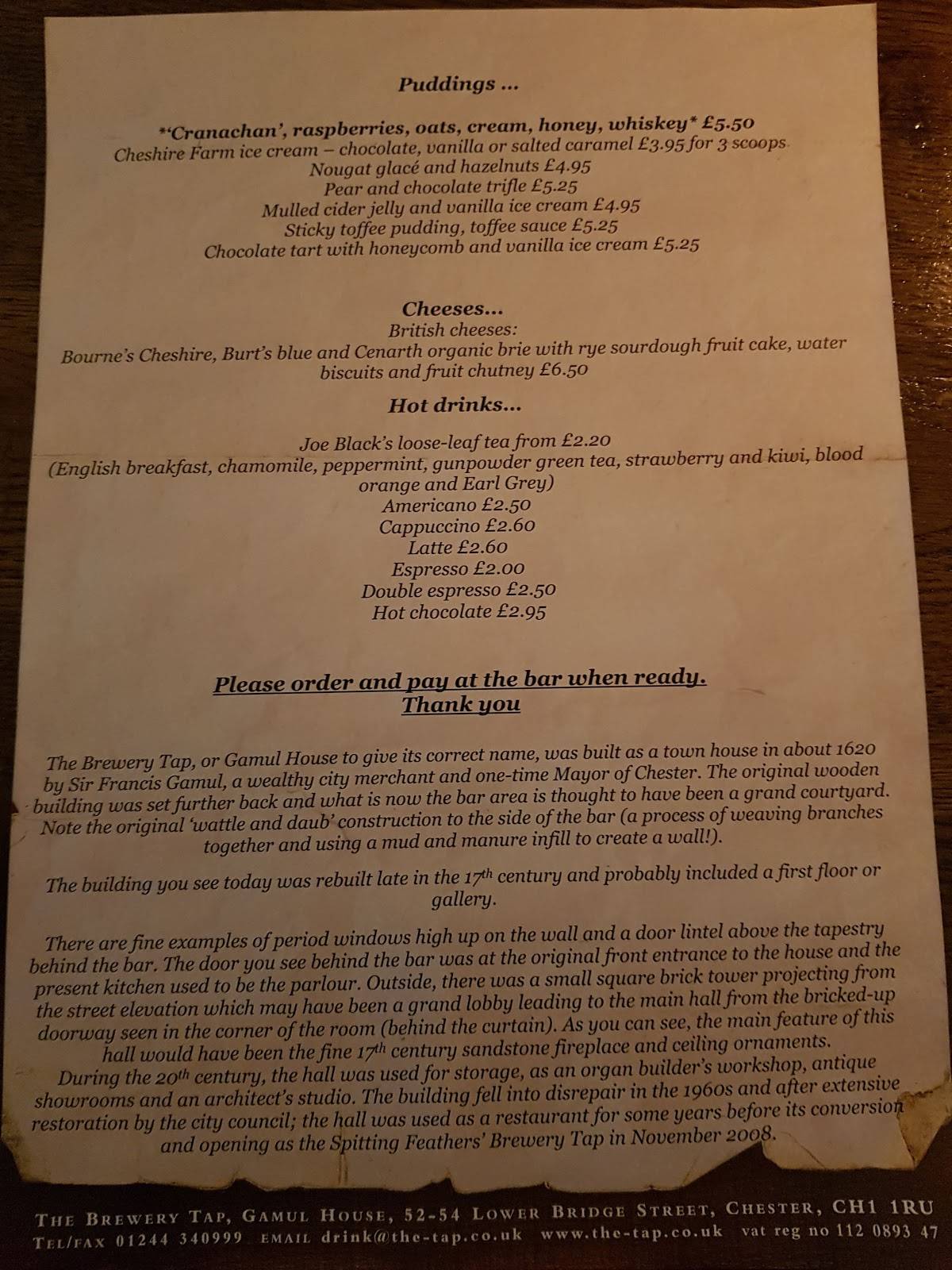 Menu at The Brewery Tap pub & bar, Chester, 52-54 Lower Bridge St