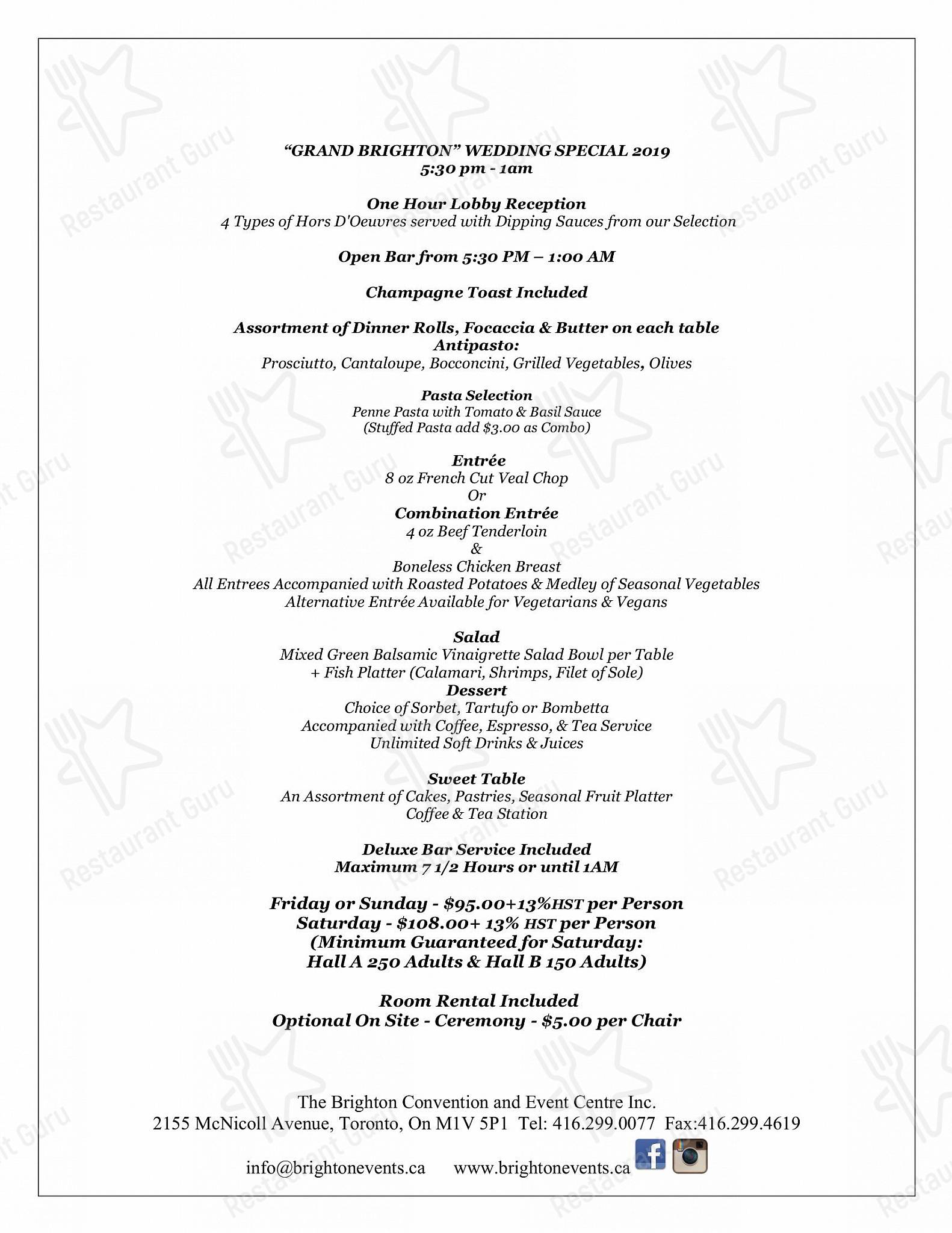 Menu au The Brighton Convention & Event Centre restaurant, Toronto