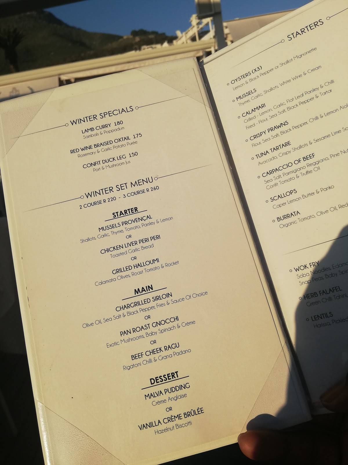 Menu at The Bungalow restaurant, Cape Town, Glen Country Club, 3 ...