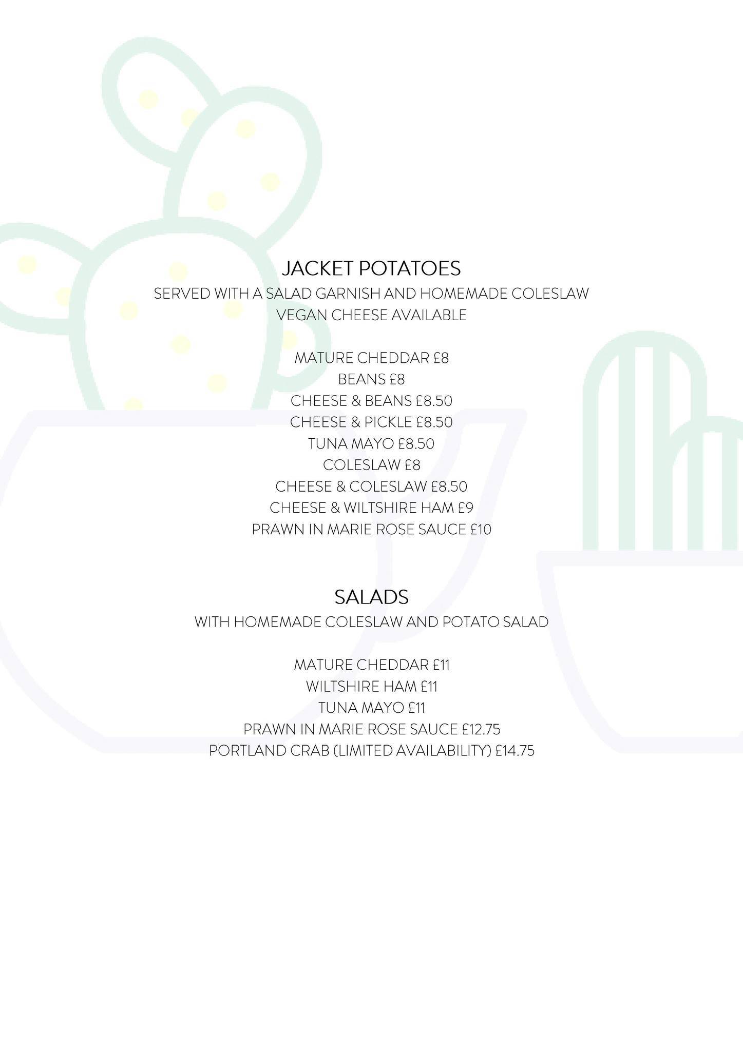 Menu at The Cactus Tea Rooms cafe, Weymouth