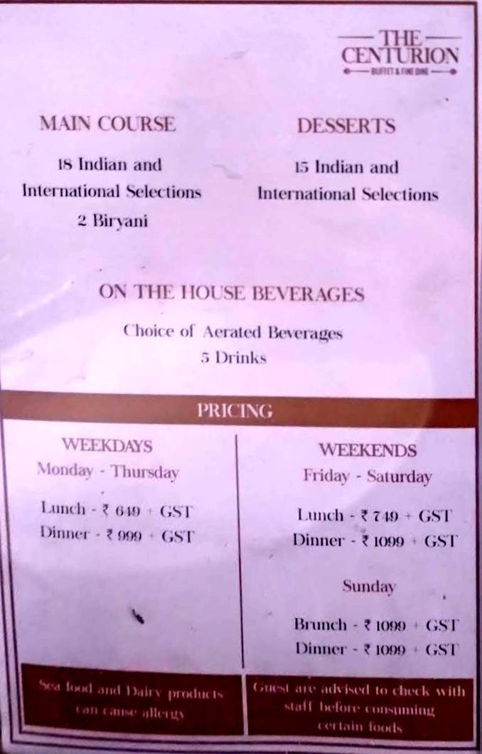 Menu at The Centurion, Lucknow, Wave Mall