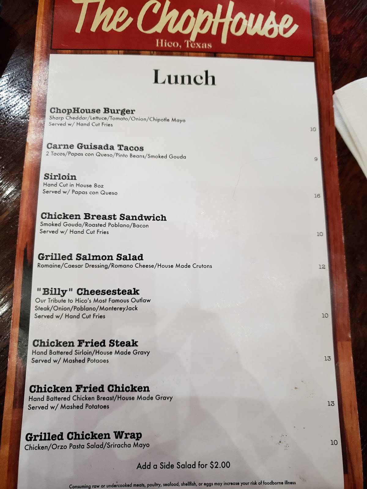 Menu at The Chop House pub & bar, Hico