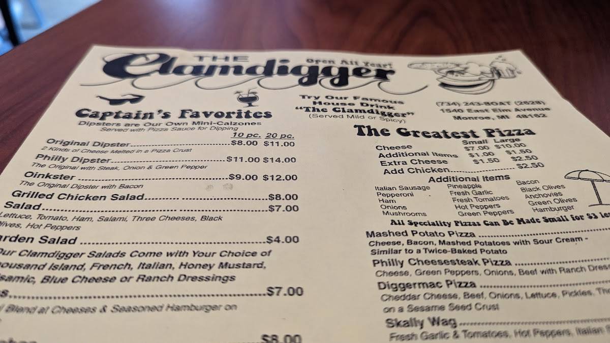 Menu at The Clamdigger pizzeria, Monroe