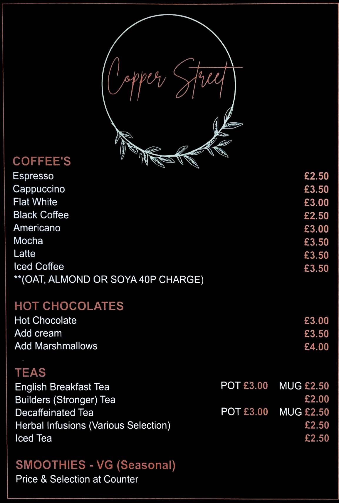Menu at The Copper Street - Café and Bar, London