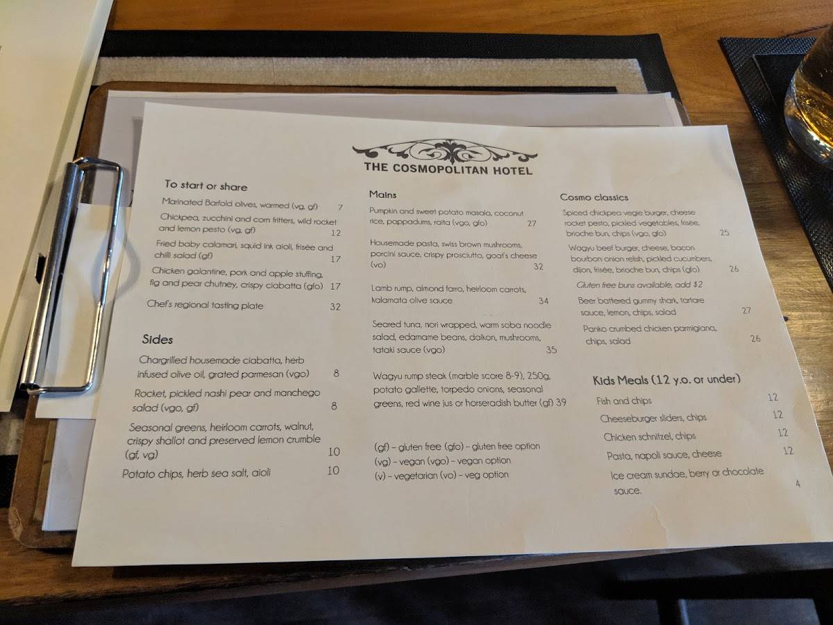 Menu at The Cosmopolitan Hotel, Trentham restaurant, Trentham