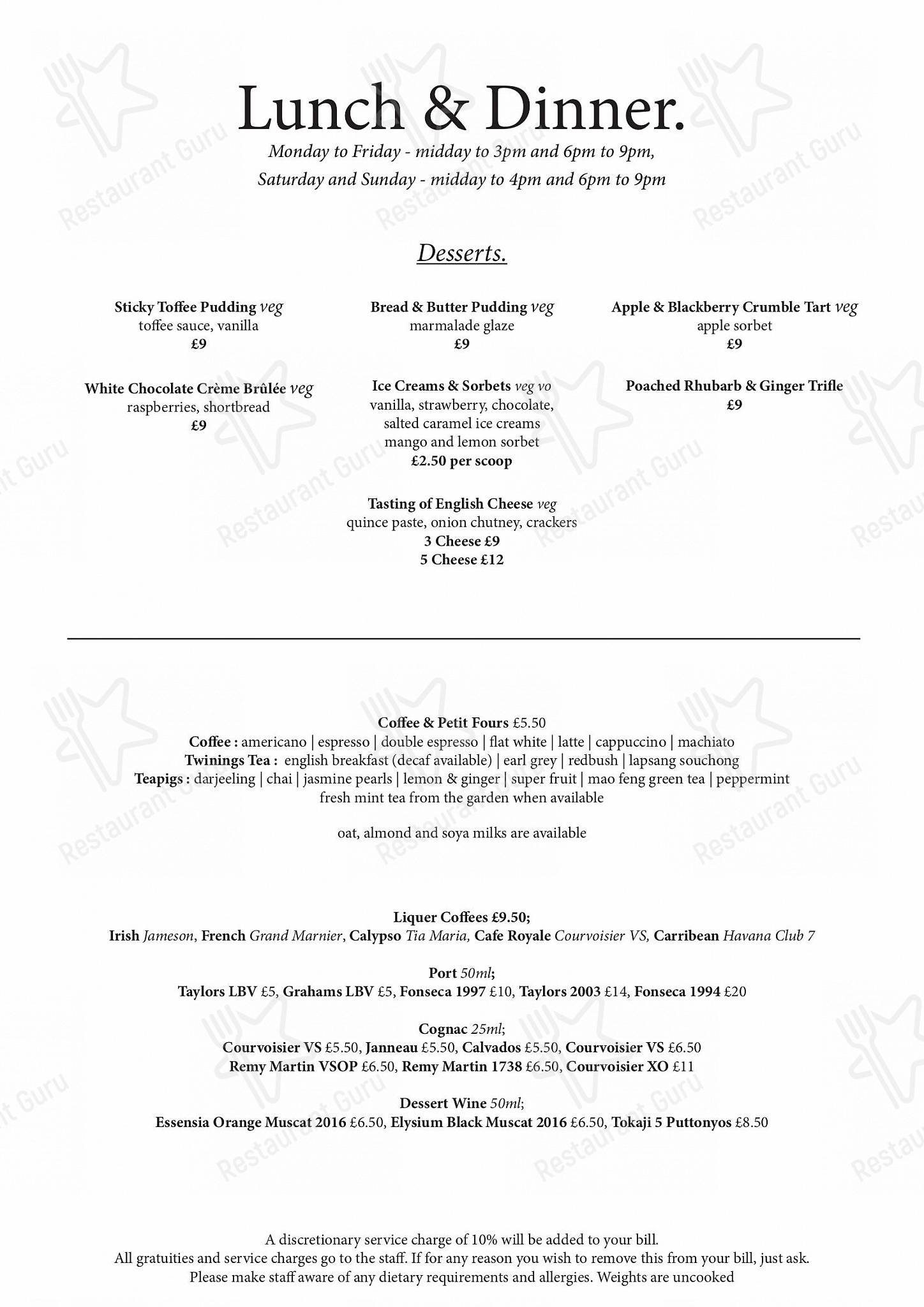 Menu at The Dining Room at Deans Place Hotel restaurant, Alfriston