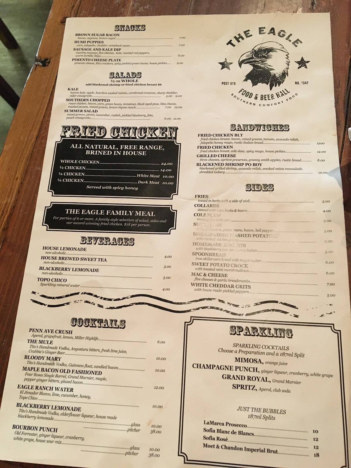 Menu at The Eagle Louisville restaurant, Louisville