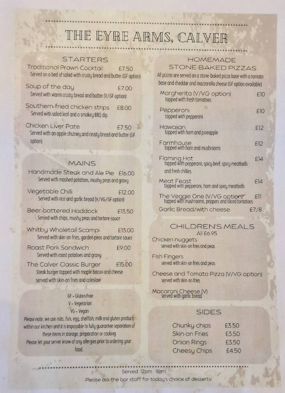 Menu at The Eyre Arms pub & bar, Eyam, Peak District National Park