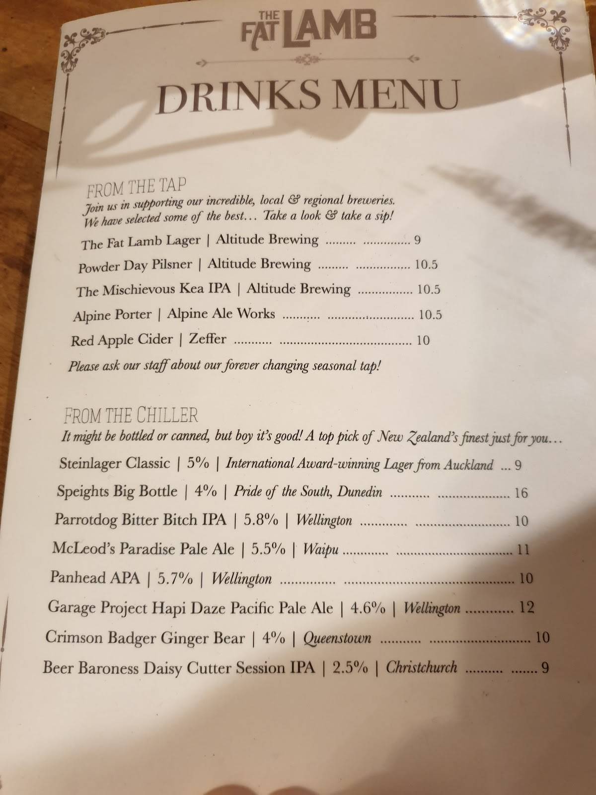 Menu at The Fat Lamb restaurant, Queenstown