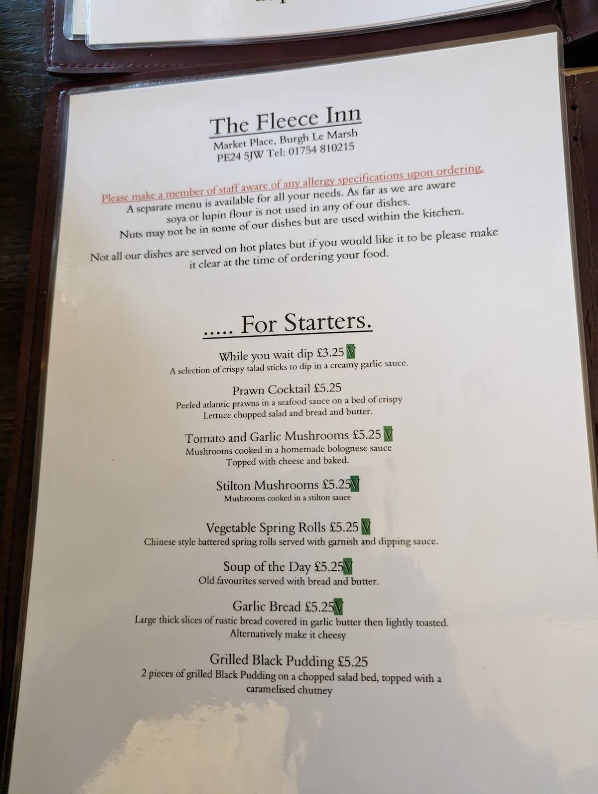Menu at The Fleece Inn Burgh Le Marsh pub & bar, Burgh le Marsh