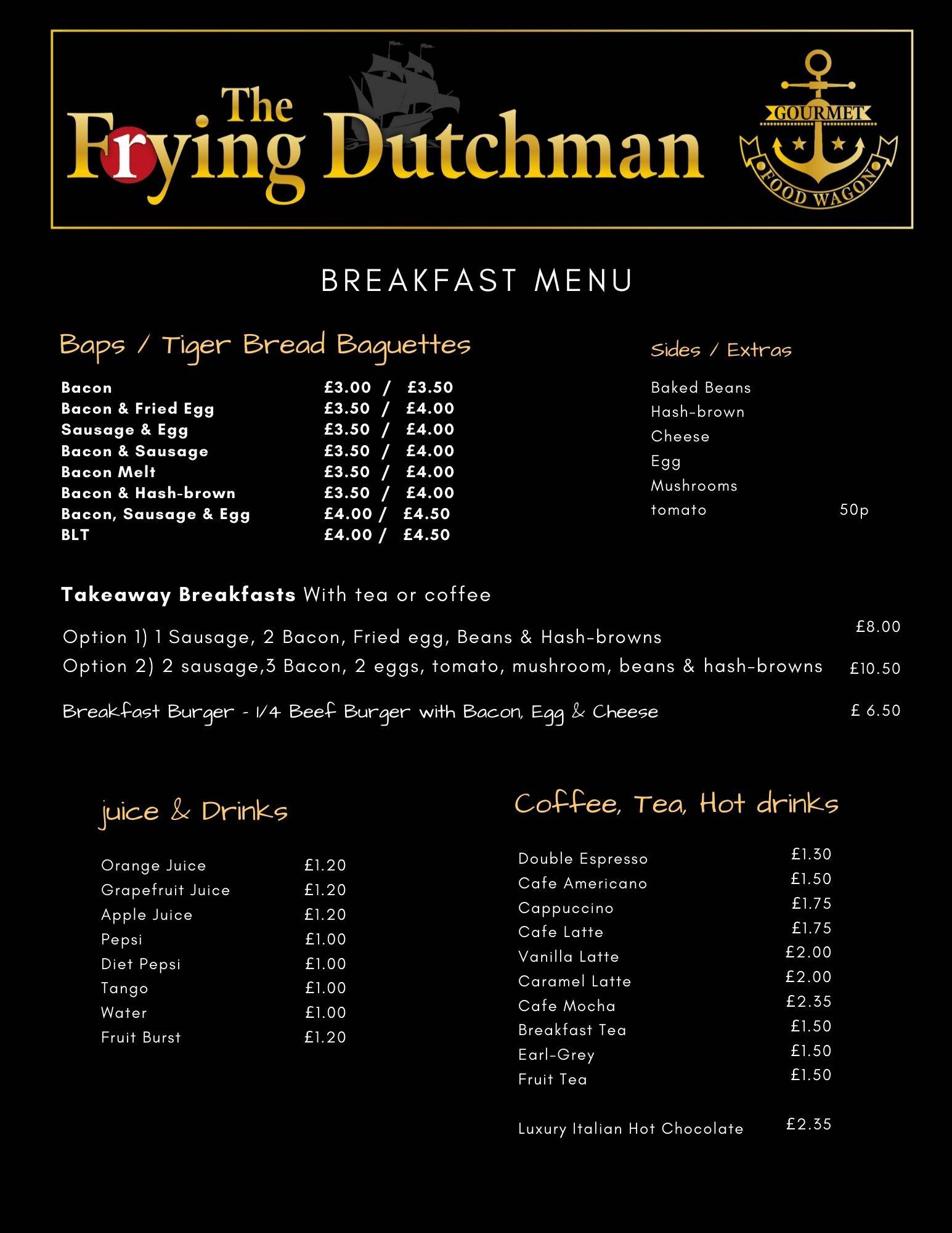 Menu at The Flying Dutchman pub & bar, Lowestoft, Beccles Rd